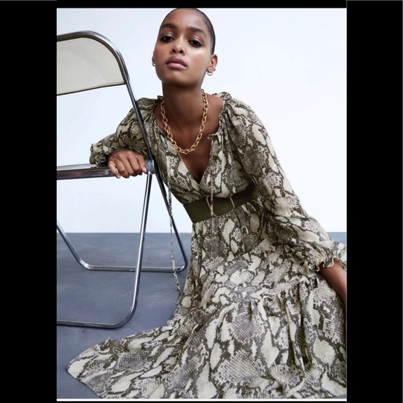 Zara | Dresses | Zara Long Animal Snake Print Midi Dress With Belt ...